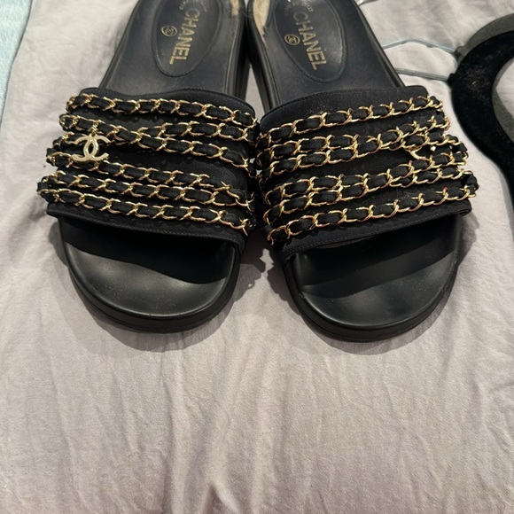 CHANEL | Shoes | Chanel Chain Slides With Chanel Emblem On Shoe | Poshmark